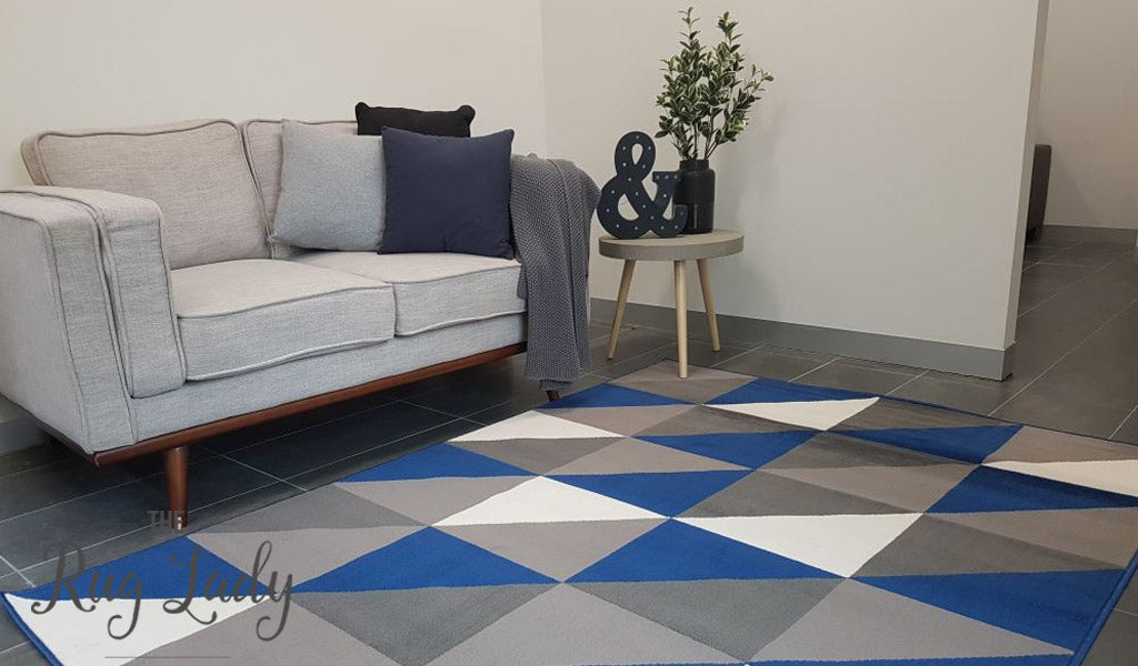 Industry Royal Blue White Grey Geometric Triangle Rug Australia | The ...